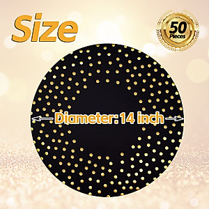 50 Pcs 14 Inch Black and Gold Foil Paper Place Mats Golden Polka Dots Round Placemats Disposable Decorative Table Mats for Wedding Banquet Party Home Dining Table Decor