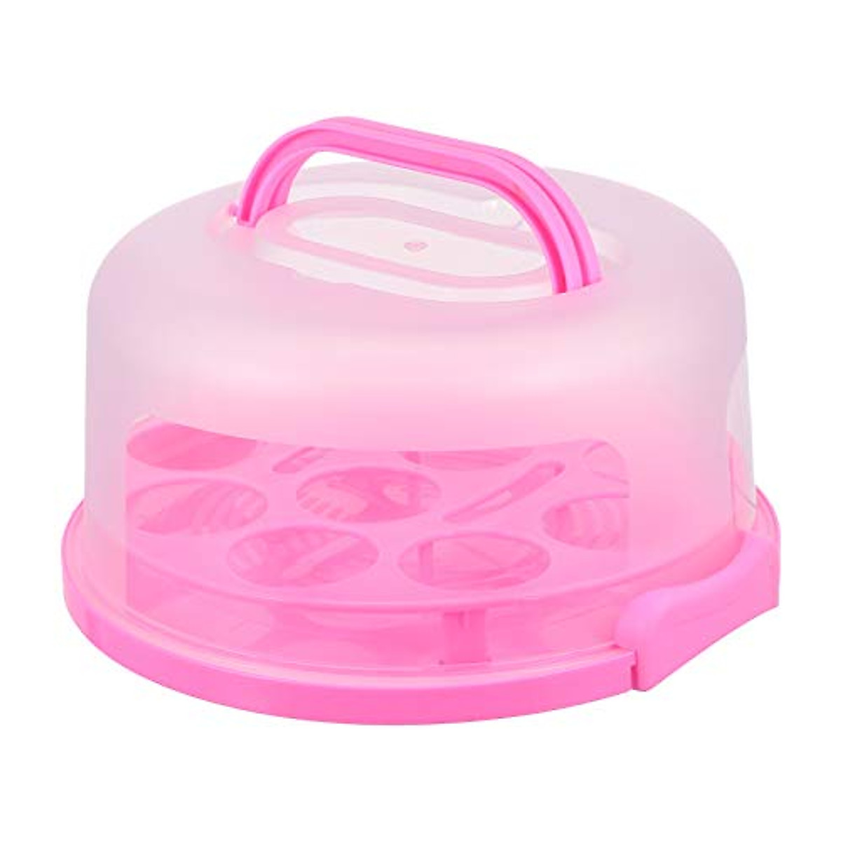 Hemoton Portable Cheesecake Carrier Round Cake Container Clear Dome Lids Cupcake Muffin Pie Box Dessert Serving Tray with Handle for Fruits Pastry Donut Baked Bread 10inch Pink