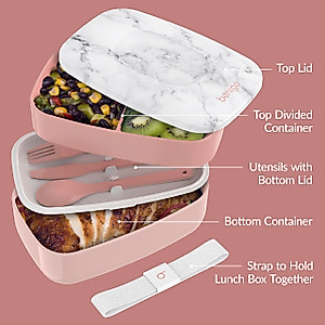 Bentgo Classic - All-in-One Stackable Bento Lunch Box Container - Modern Bento-Style Design Includes 2 Stackable Containers, Built-in Plastic Utensil Set, and Nylon Sealing Strap (Blush Marble)