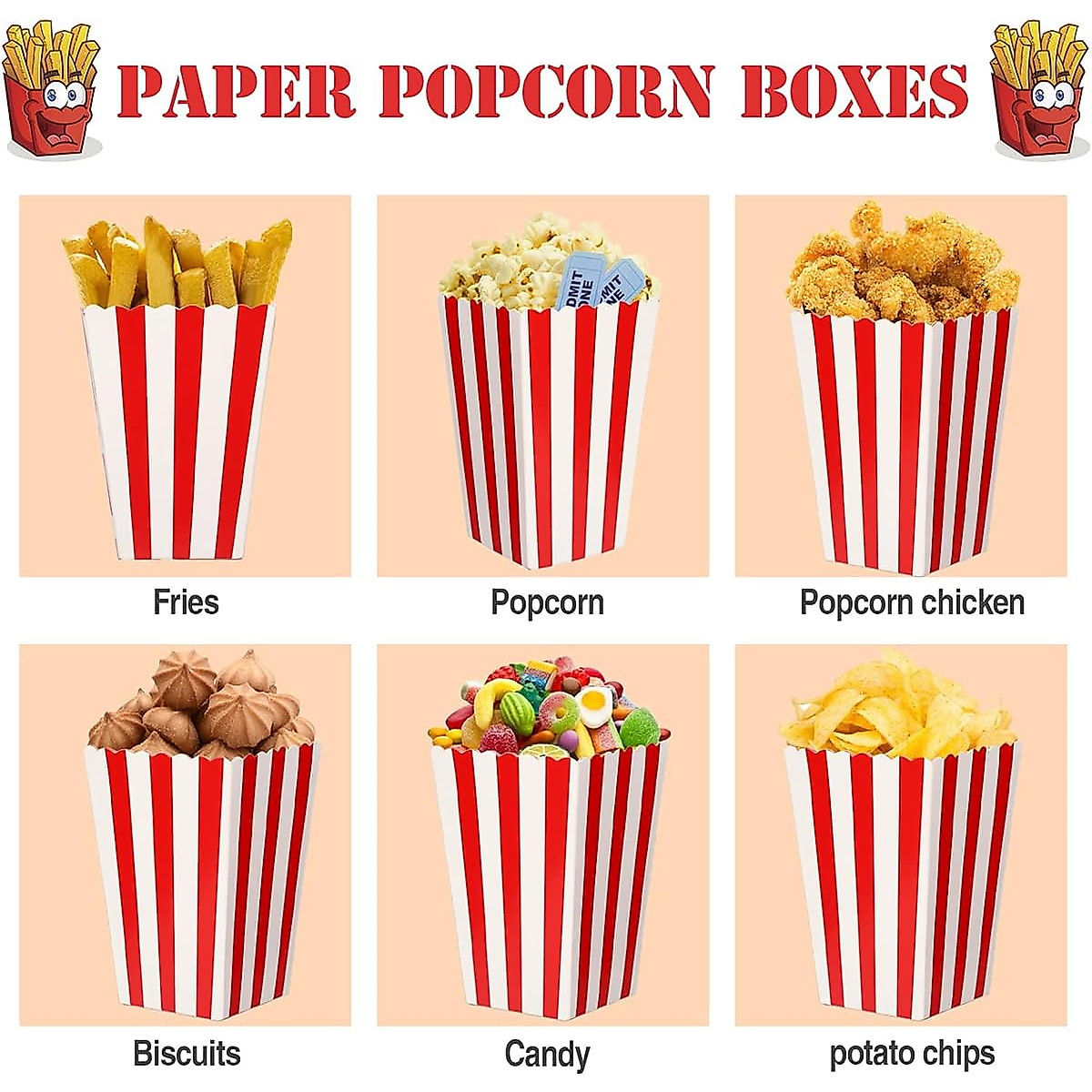 AIROLDI 28Pcs Popcorn Boxes - Mini Paper Popcorn Box, White and Red Stripes Pop Corn Snack Container for Movie Night Carnival Party Supplies (Classic Red)