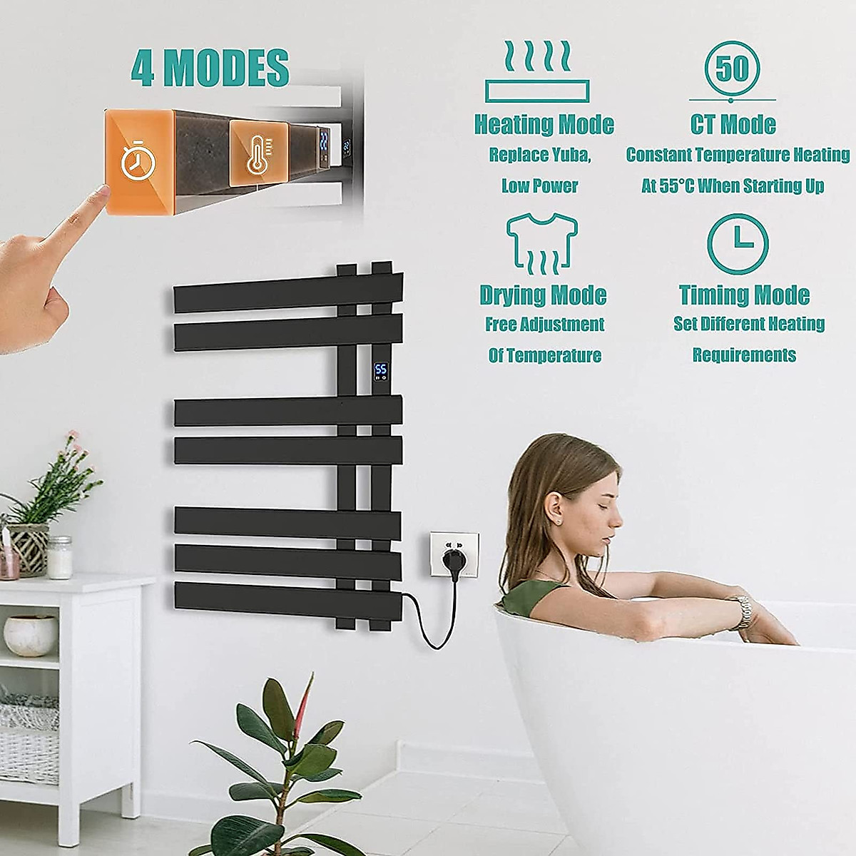 Electric Towel Rail, Bathroom Radiator, Wall Mounted Towel Warmer and Towel Dryer Made of Aluminium Alloy with Timer Temperature Control Anthracite, Black (Black) Beautiful Scenery