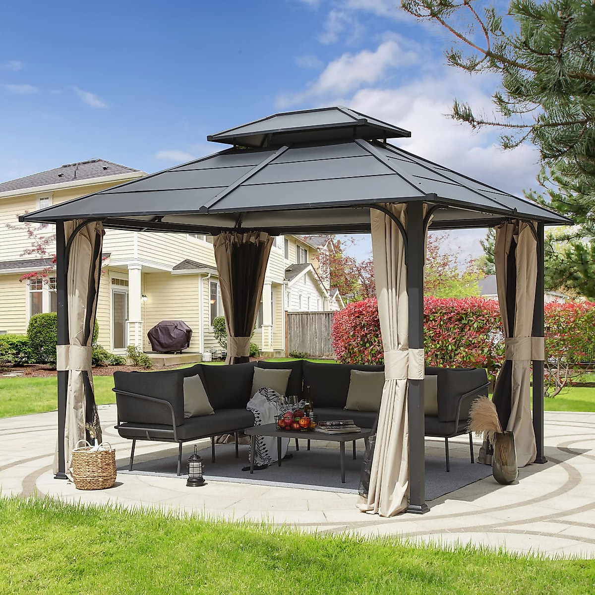 EROMMY 10'x12' Metal Steel Gazebo, Outdoor Aluminum Hadtdop Canopy with Netting and Shaded Curtains, Double Roof Pergolas, Permanent Metal Pavilion for Patio, Backyard, Deck，Lawns，and Pool