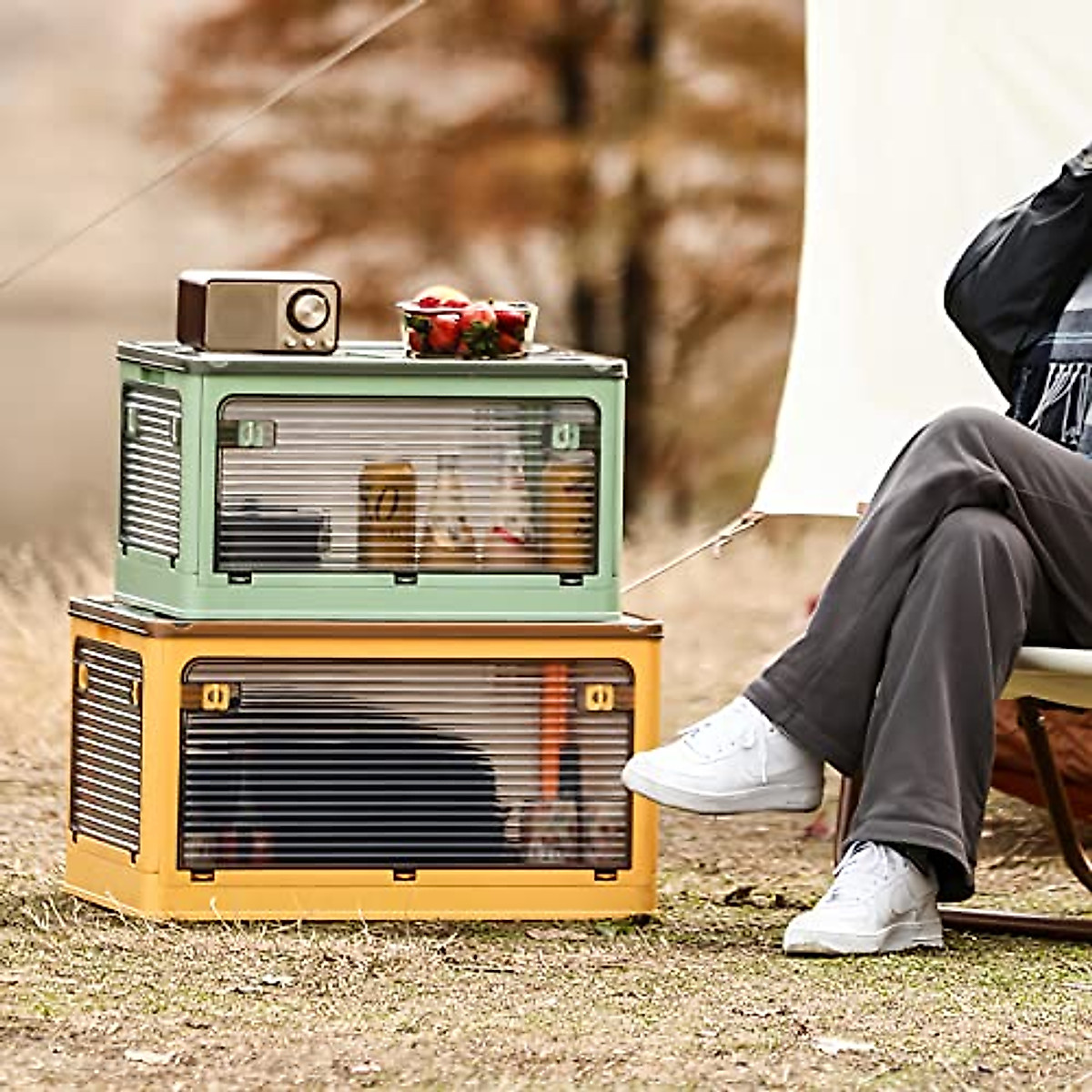 RAMGTW Large Clear Plastic Storage Box with Lid Wheels Collapsible Storage Bins with Five Doors Stackable Folding Container Organizer. Foldable Car Trunk Organizer Picnic Camping Family (Large, Blue)