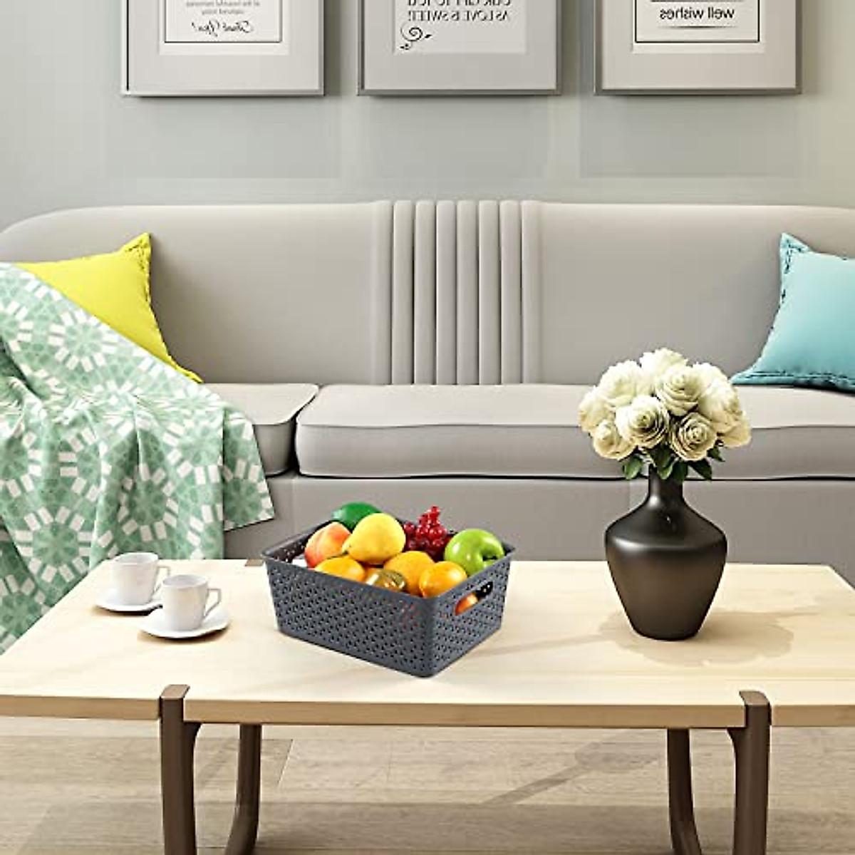 Saedy Plastic Storage Baskets, Deep Grey Basket Bin, 4-Pack