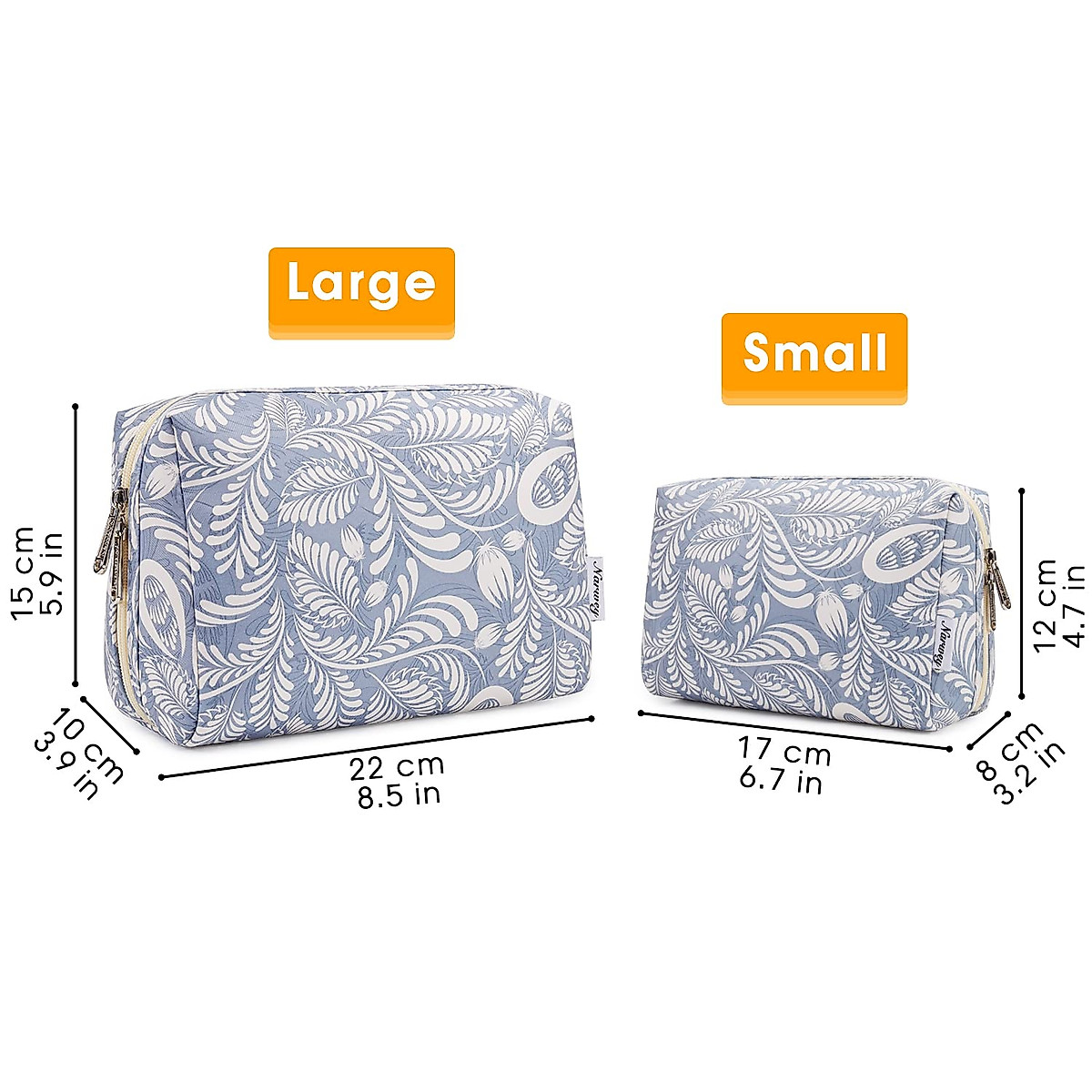 Narwey Cute Makeup Bag Travel Cosmetic Bag Organizer Toiletry Bag Make Up Bags with Compartments for Women Girls (Large, Blue Leaf)
