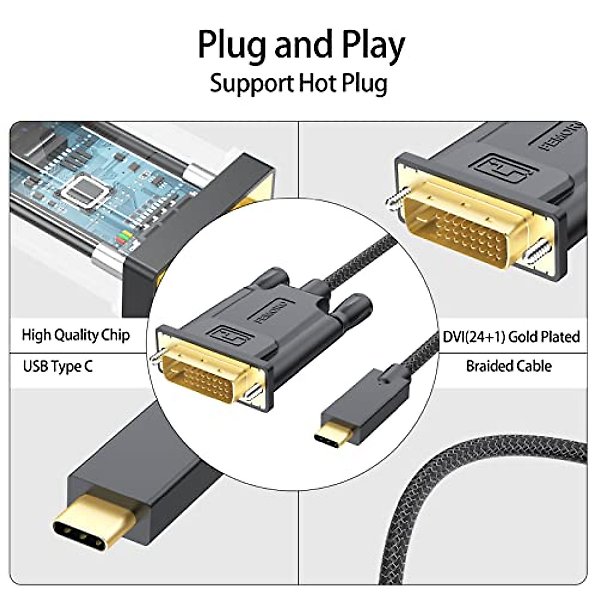 FEMORO USB C to DVI Cable 3 Feet, USB-C (Thunderbolt 3 Compatible) to DVI Cable [Support DVI 4K, 24K Gold Plated, Braided] Compatible for MacBook Pro 2016-2020, Surface Book 2, Dell XPS 13/15, Galaxy