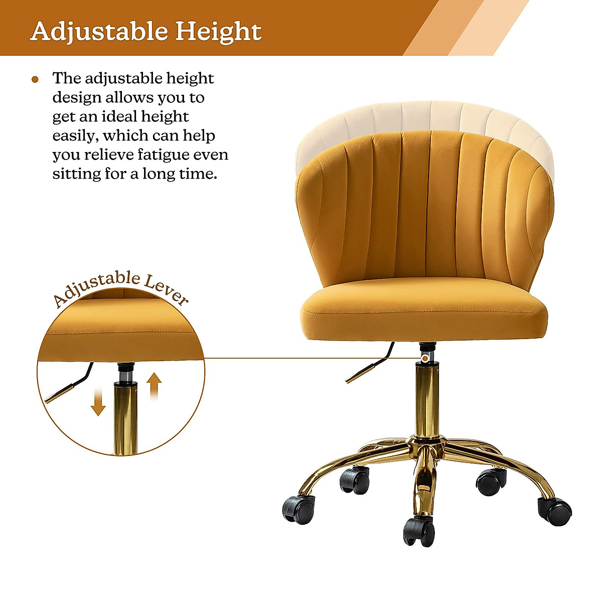 TINA'S HOME Office Desk Chairs with Wheels & Gold Base, Modern Velvet Cute Armless Office Chair, Adjustable Low Back Swivel Rolling Chair, Upholstered Task Chair for Living Room Vanity Study-Mustard