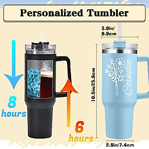 Personalized 40oz Tumbler with Handle and Straw Custom Insulated Cups with Engraved Name Birth Month Flowers Stainless Steel Travel Coffee Mug Customized Gifts for Women Men