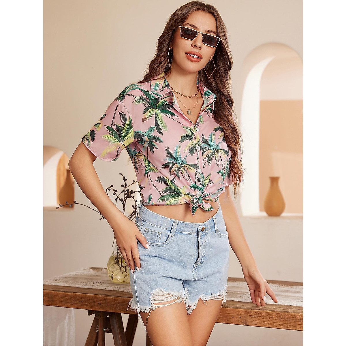 SweatyRocks Women's Short Sleeve Cute Print Button Down Shirt Tops Pink Green M