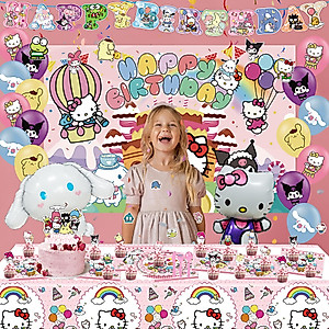 Kawaii Birthday Decorations, Cartoon Party Decorations, Include Banner, Cake Toppers, Paper Tableware, Stickers, Backdrop, Tablecloth, Balloons, Hanging Swirls, for Kids Theme Birthday Party Supplies