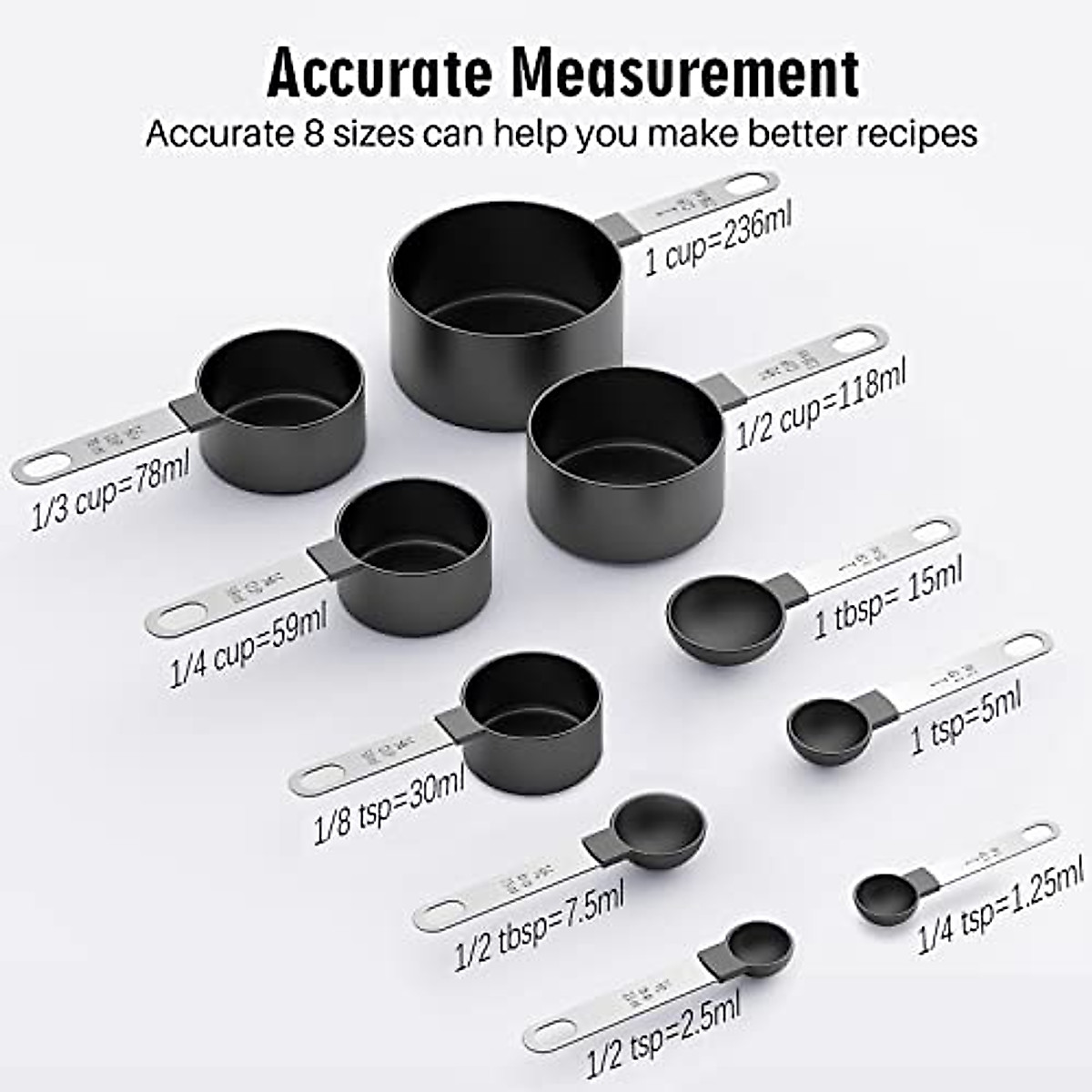 PanderHecop Measuring Cups and Spoons Set, 10 Piece Stackable Stainless Steel Handle Accurate Tablespoon for Measuring Dry and Liquid Ingredients Small Teaspoon with Plastic Head (10, Black)