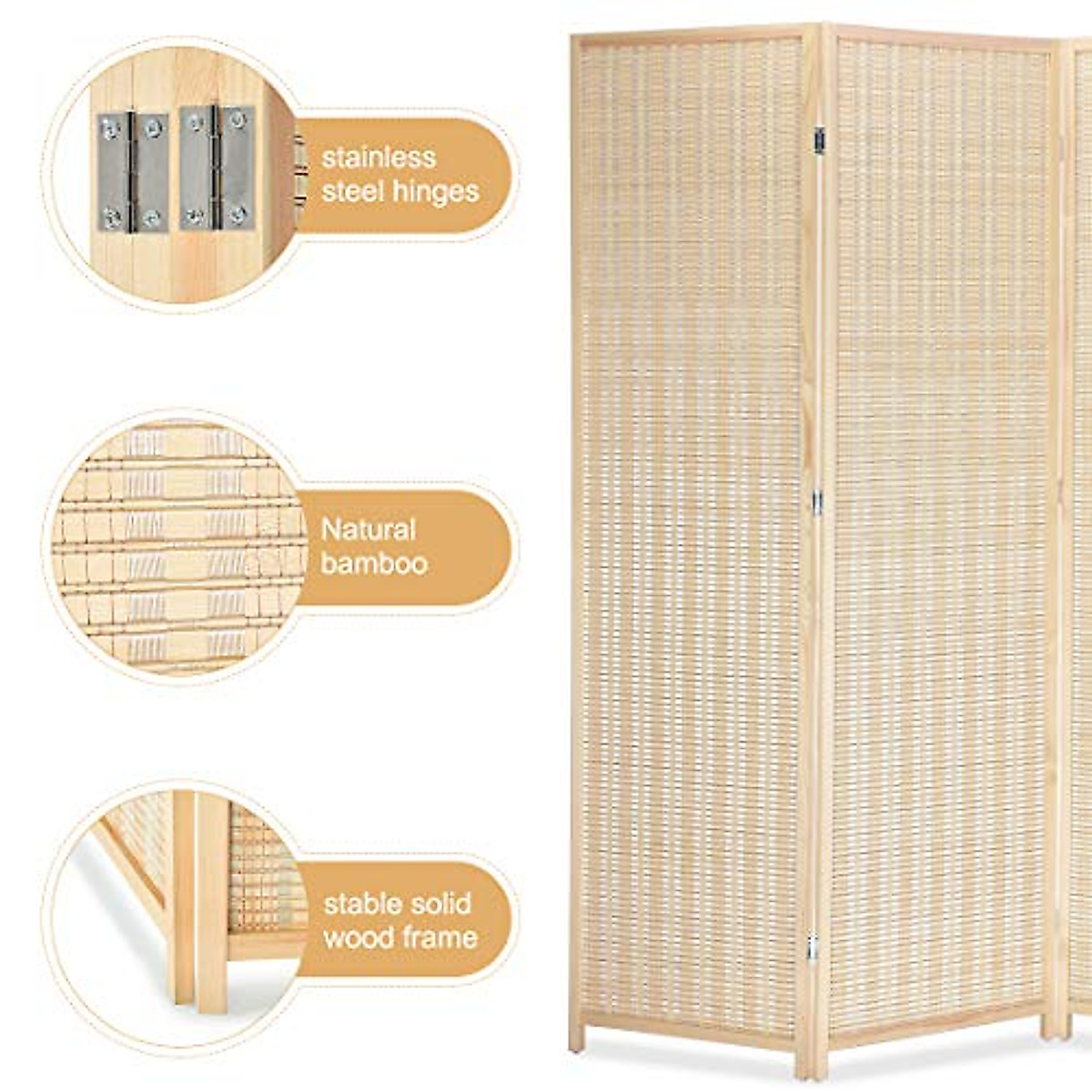Corelax Room Divider Privacy Screen with Natural Bamboo,4-Panel 5-Panel 6-Panel Folding Privacy Screens,Freestanding Room Divider
