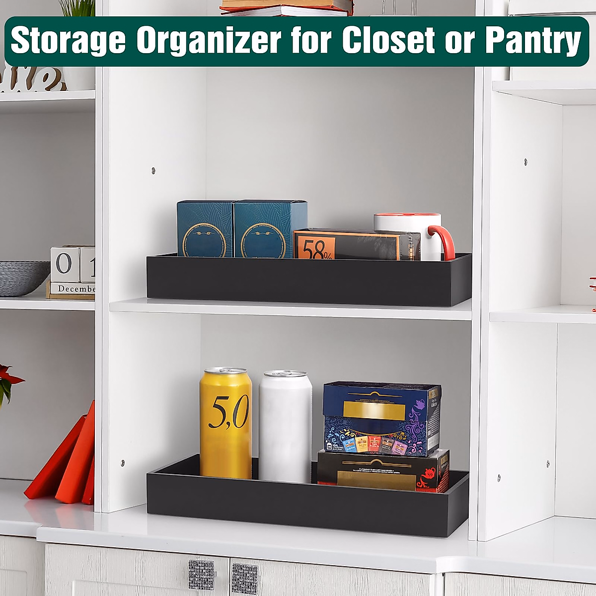 15" Large Bathroom Vanity Tray for Counter , Wooden Storage Tray for Kitchen Drawer, Office, Pantry, Coffee Bar, Black Toilet Tank Tray for Back of Toilet Topper, 2 Pack