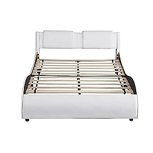 Modern Full Size Upholstered Platform Bed with LED Light Headboard, Metal Faux Leather Upholstered Platform Bed Frame with Wooden Slatted, Wave-Like Bed for Kids Teens Adult Bedroom (White-Full)