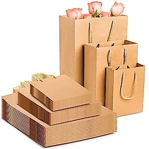 Lyellfe 45 Pack Brown Gift Bags, Heavy Duty Kraft Paper Bags with Handle, Assorted Recyclable Shopping Bags Bulk, Retail Bags, Merchandise Bags for Birthday, Wedding, Christmas, S, M, L