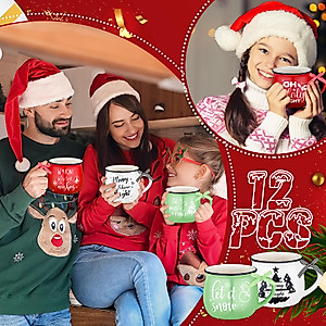 Suttmin 12 Pcs Ceramic Christmas Mugs Set 12 Oz Christmas Coffee Mugs with Ribbon Christmas Cups for Tea and Coffee Xmas Holiday Gift Tiered Tray Decor for Hot Cocoa Kitchen Table, Red, Green, White