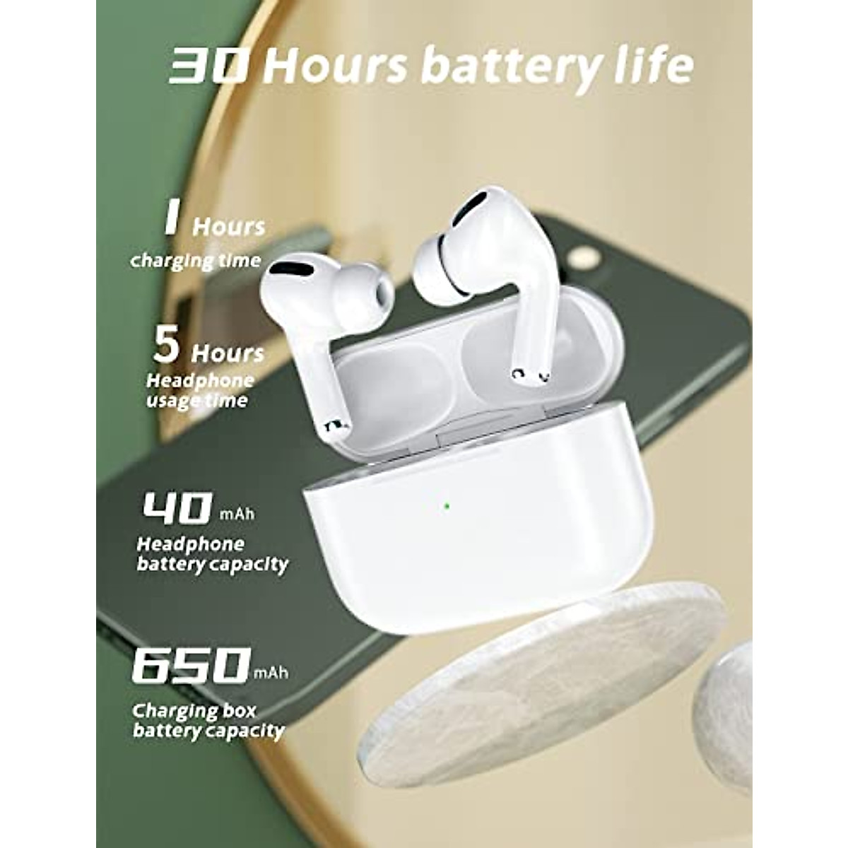 FASSME PRO Wireless EarbudsBluetooth V5.3Ear Buds 30H Playtime Stereo Sound in-Ear Bluetooth Headphones IPX7 Waterproof Touch Control Earphones with Charging Box for Sports Running，Home, Office