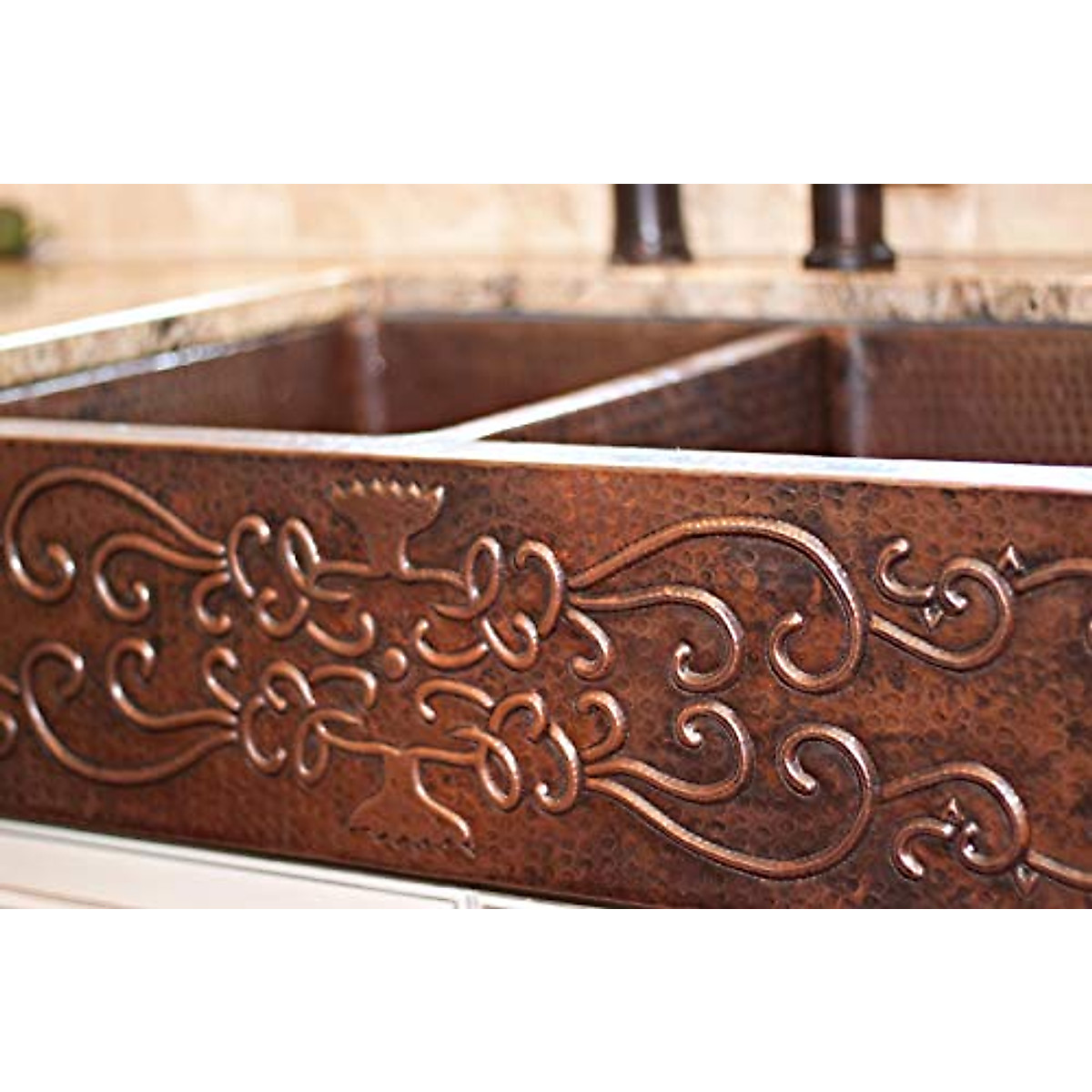 Premier Copper Products KA50DB33229S 33-Inch Hammered Copper Kitchen Apron 50/50 Double Basin Sink with Scroll Design, Oil Rubbed Bronze