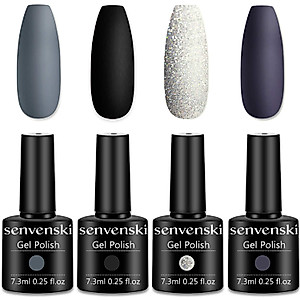 senvenski Grey Black Gel Nail Polish, White Glitter Dark Purple Charcoal Pewter Gel Polish Shimmer Crystal Gift Soak Off Set UV LED Art Varnish (CS010)