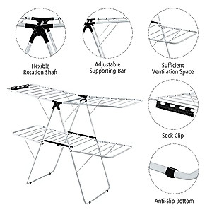 Tangkula Clothes Drying Rack, 2-Level Folding Drying Rack for Indoor Outdoor Use, Foldable Large Drying Hanger w/Height-Adjustable Gullwing, 33 Drying Rails, Sock Clips, Freestanding Laundry Rack