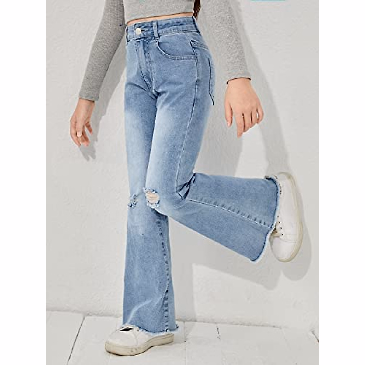 Floerns Girls Casual Ripped Frayed Split Hem Flare Bell Bottom Jeans Denim Pants Light Blue