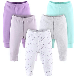The Peanutshell Pastel Baby Pants Set | 5 Pack in Purple, Grey, & Mint | Newborn to 24 Month Sizes (3 Months)
