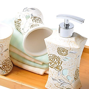 JHGCCL Countertop Soap Dispensers Golden Rose Flower Bathroom Accessory Set 5/6-piece Bathroom Set Soap Dispenser,Toothbrush Holder,Tumbler,Soap Dish,Bamboo Tray Soap dispensers (5piece Bathroom Set)