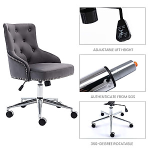 DMF Home Office Chair with High Back, Modern Design Tufted Velvet Desk Task Chair with Arms in Study Bedroom (1201-Grey)