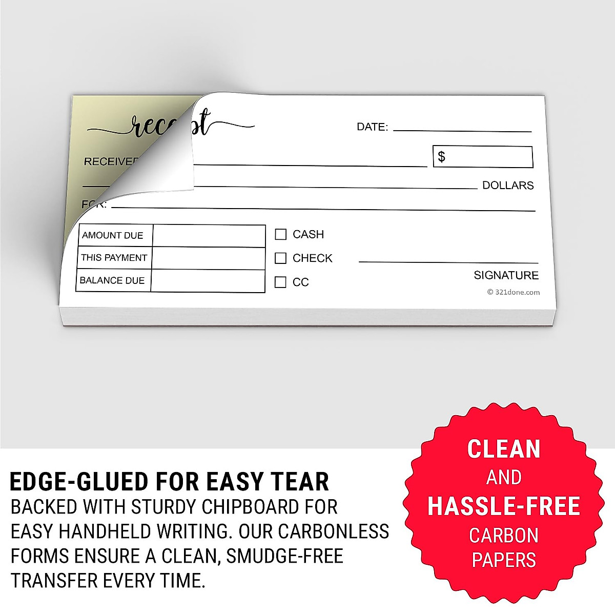 321Done Receipt Book, 2.75x6 Pocket Size 2-Part Carbonless, Made in USA, Cute Handheld Duplicate Copy Order Form for Craft Boutique Business (50 Sets) White/Yellow