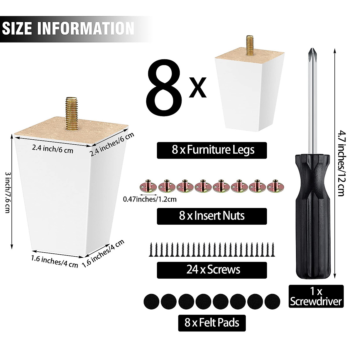 TURSTIN Set of 8 Wood Furniture Legs 3 Inch Square Solid Wood Sofa Legs Natural Wooden Couch Legs Replacement Legs for Furniture Armchair Bed Dresser Cabinet or DIY Projects, White