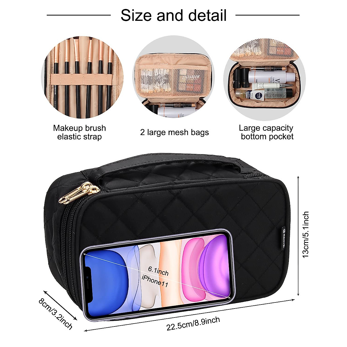 Relavel Makeup Bag, Small Makeup Bag for Women, Travel Cosmetic Bag, 2 Layers Waterproof Makeup Organizer Storage with Makeup Brush Holder, Black