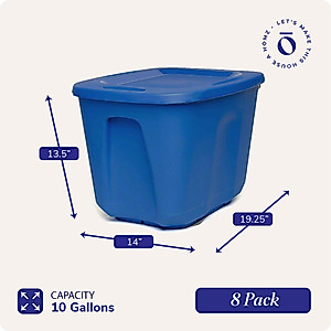 HOMZ 10-Gallon Stackable and Nestable Heavy Duty Plastic Storage Container Organizer Bin with 4 Way Handles, Capri Blue (8 Pack)