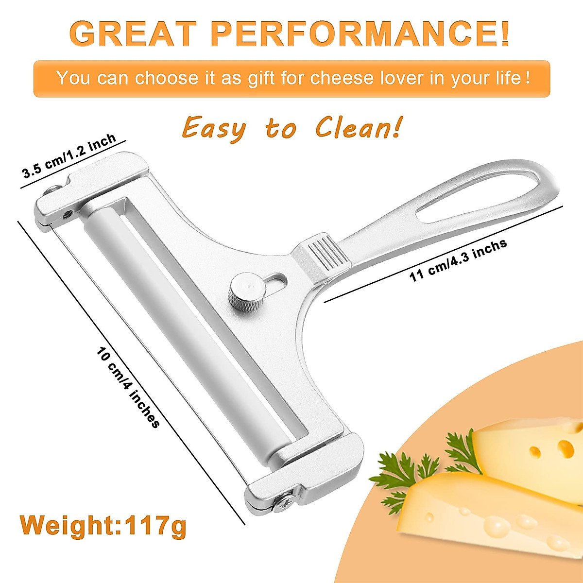 Cheese Slicer with Wire Adjustable Cheese Slicer Heavy Duty Stainless Steel Cheese Slicers for Soft Semi Hard Block Cheese(Silver)