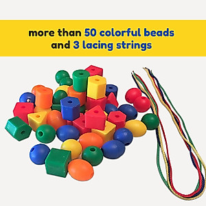 3 Bees & Me Jumbo Lacing Beads - Threading Toys for Toddlers & Kids Ages 3-5 - Fine Motor Preschool Activity with 50 Large Beads & Strings