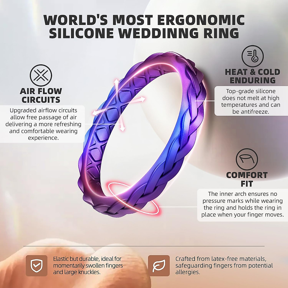 Egnaro Silicone Ring Women, Stackable Braided Rings for Women, Breathable Inner Arc Rubber Rings Women, Unique Design Silicone Wedding Bands Women