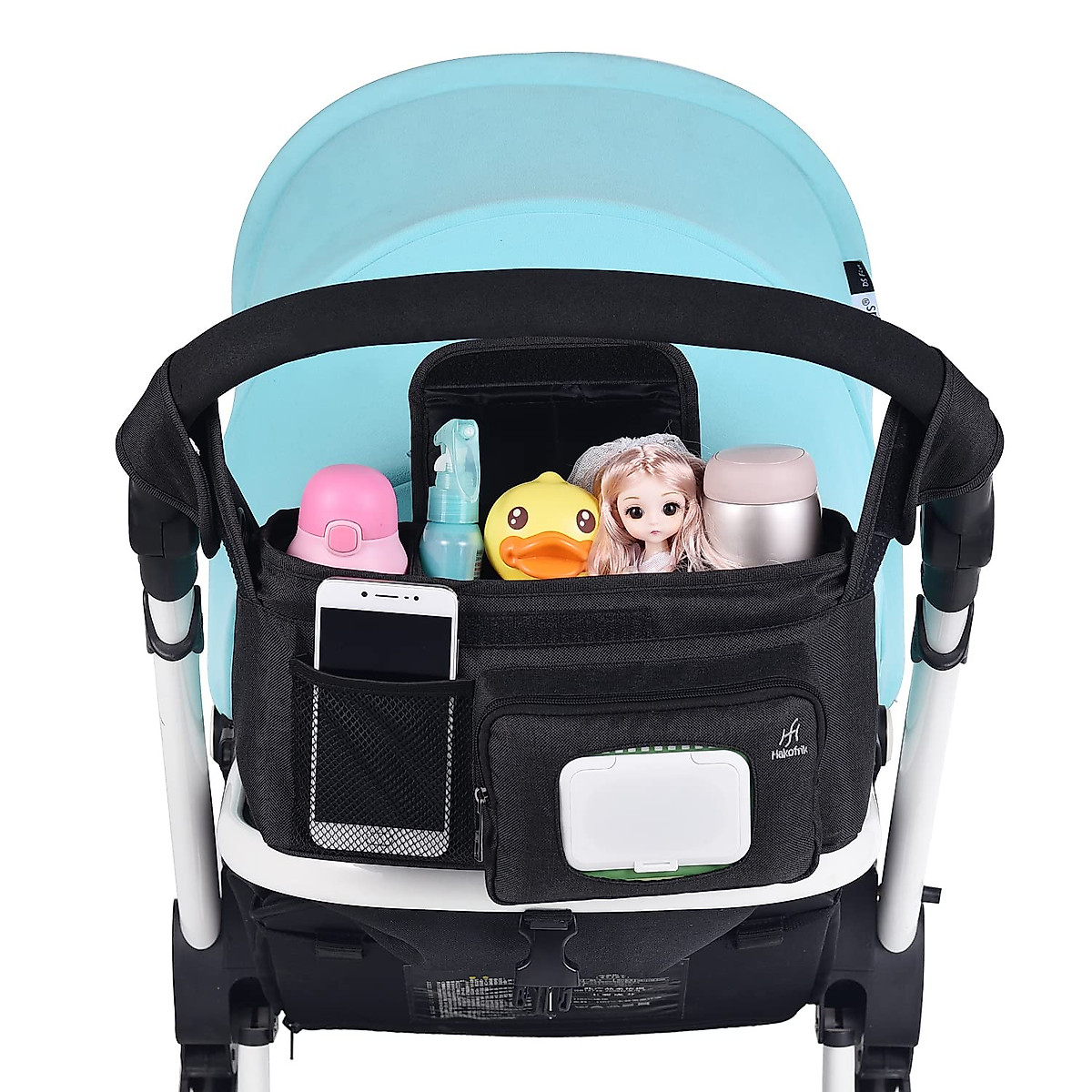 Hakofrik Universal Baby Stroller Organizer, Stroller Caddy with 2 Insulated Cup Holders Fits Almost All Stroller and Pushchair. Easy Access Wipe Holder, Free Shoulder Strap with Soft Cushion.