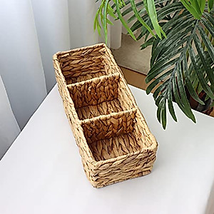 YAHUAN Woven Water Hyacinth Storage Basket Divided Basket with 3-Section Wicker Baskets for Shelves,Handwoven Desk Baskets for Pantry, Coffee Bar, Shelves (Water Hyacinth)