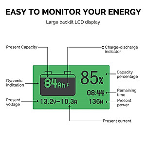 Renogy 500A Battery Monitor with Shunt, High and Low Voltage Programmable Alarm, Range 10V-120V up to 500A, 20ft Shielded Cable, Compatible 12V Lithium Sealed, Gel, Flooded Batteries,Black