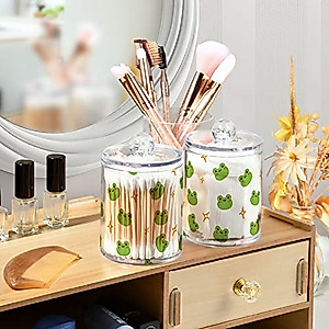 Bulletgxll Apothecary Jar with Lids 2 Pack Cute Frog Qtip Holder Clear Plastic Containers Bathroom Vanity Countertop Organizer for Cotton Swabs, Cosmetic Pads, Sponges, Flossers