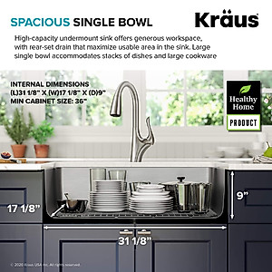 KRAUS Dex 33-inch Undermount 16 Gauge Stainless Steel Single Bowl Kitchen Sink, KA1US33B