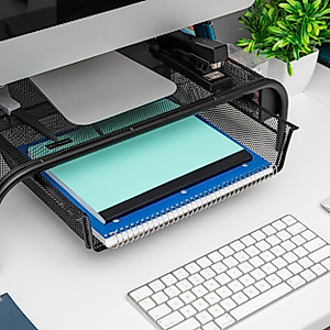 Mind Reader Monitor Stand, Ventilated Laptop Riser, Paper Tray, Storage, Office, Metal Mesh, 20"L x 11.5"W x 5.5"H, Black