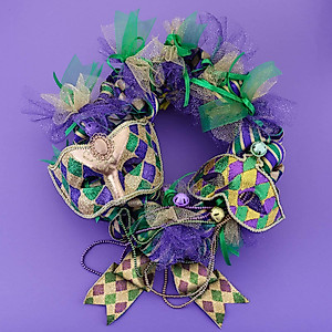 20 Yards Mardi Gras Wired Edge Ribbon Glitter Check Wired Ribbon Glitter Metallic Wrapping Ribbon for Mardi Gras Masquerade Wedding Birthday Party Decoration (2.5 Inch)