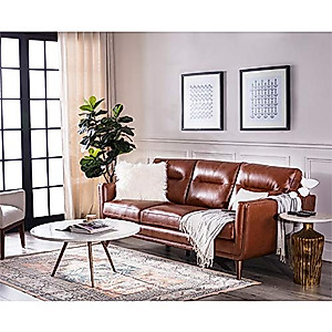 BOWERY HILL Mid Century Top Grain Leather Sofa, 3 Seater Modern Tufted Couch with Wood Legs for Living Room, Camel Brown