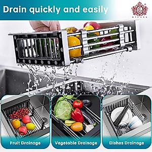 GICASA Adjustable Stainless Steel Drainer Basket Drain Tray for Dish Vegetable Fruit, On Counter Dish Rack or in Sink Over Sink Kitchen Basket Dish Drying Rack