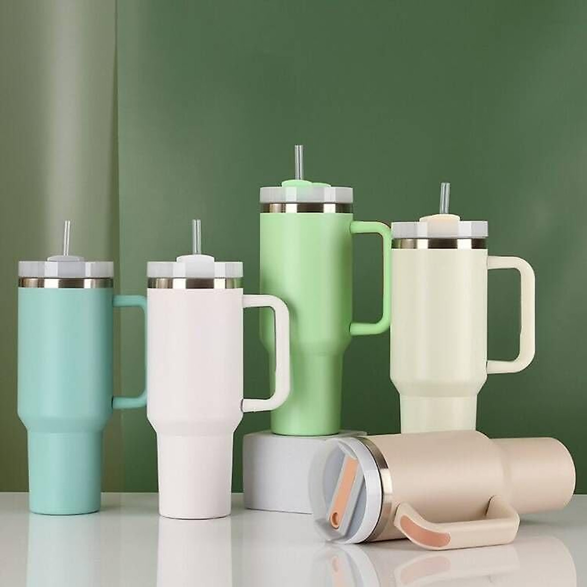 40 OZ Insulated tumbler with straw, Double Vacuum Stainless Steel Water Bottle for Home, Office or Car - Iced Coffee Cup Reusable,Thermos Travel Coffee Mug,Keep Hot/Cold for Hours (Eucalyptus)