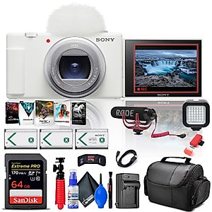 Sony ZV-1 II Vlog Camera for Content Creators and Vloggers (White) (ZV-1M2/W) + Pro Mic + 64GB Card + Corel Photo Software + 2 x NP-BX1 Battery + Card Reader + LED Light + Soft Bag + More (Renewed)