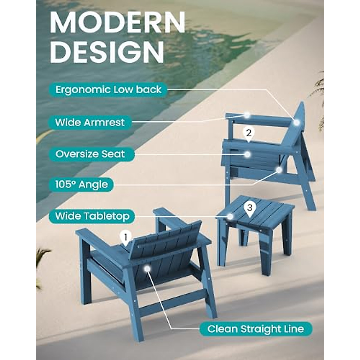 SERWALL Adirondack Chair Set with Side Table, HDPE Patio Bistro Set- Navy Blue