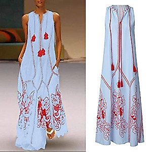 Womens Sundress Long Women Vintage Daily Casual Sleeveless Cotton-Blend Printed Floral Daily Wear Dresses for Women Blue