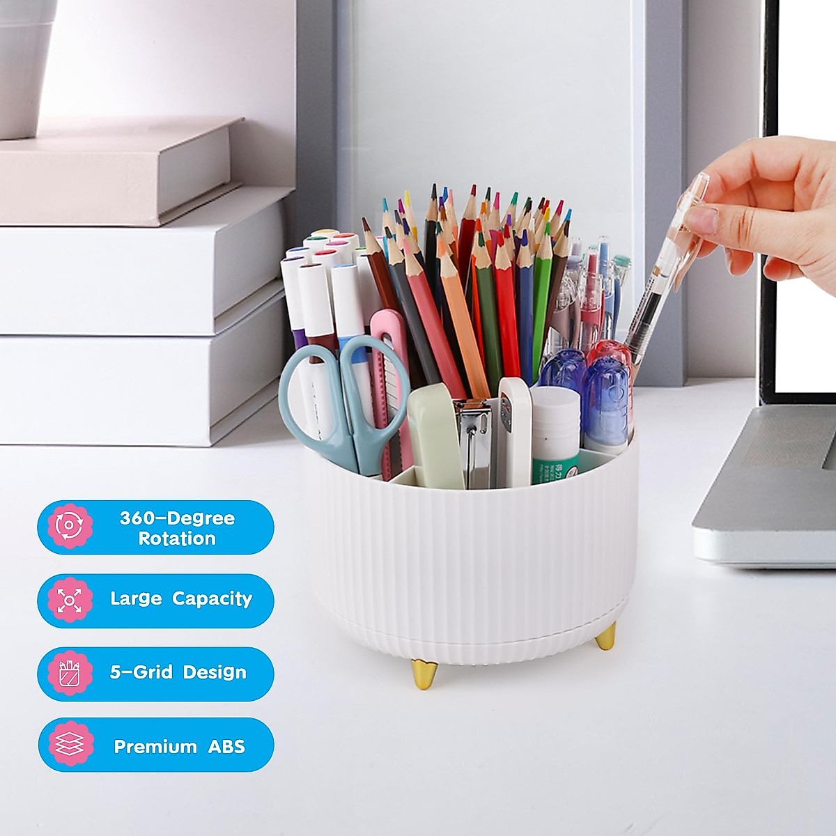 XHEHOY Pencil Pen Holder for Desk, 360 Degree Rotating Desk Organizers with 5 Slots, Cute Pen Cup for Office, School, Home and Art Supply, Desktop Storage Stationery Supplies Organizer, White