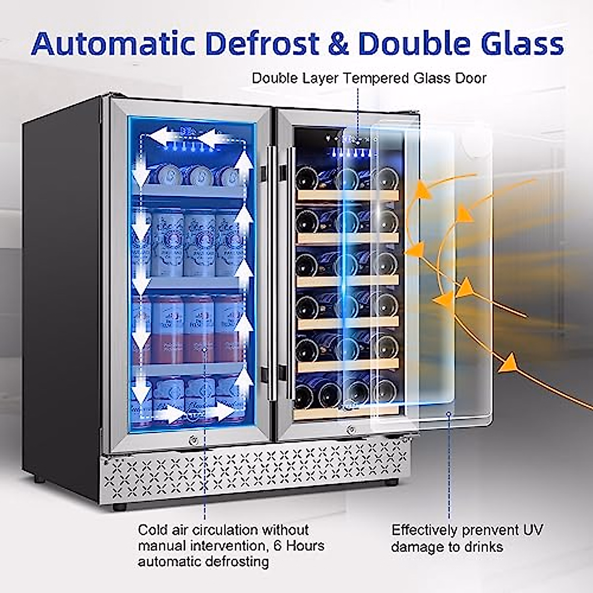 Tylza 30 Inch Wine and Beverage Refrigerator, Dual Zone Wine Beverage Cooler 30" with French Door, Under Counter Wine Beer Fridge Built-In or Freestanding, Holds 29 Bottles and 110 Cans TYBC200